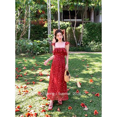 26夏上新田园风复古印花修身长款吊带连衣裙