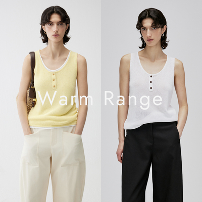 Warm Range 简约百搭U领纽扣针织衫背心女士夏季薄款白色无袖上衣