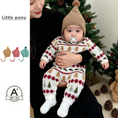 婴幼儿秋冬新款针织连体衣宝宝可爱圣诞姜饼人加绒加厚毛衣爬爬服