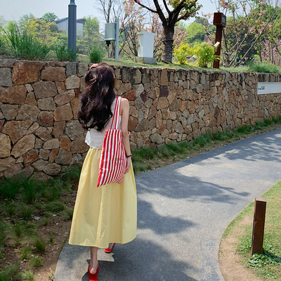 bigyu 花边腰中长款蓬蓬裙春夏女高腰抽褶A字裙插兜伞裙半身裙子