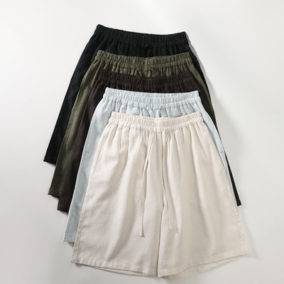 棉麻松紧腰阔腿裤女五分裤短裤薄