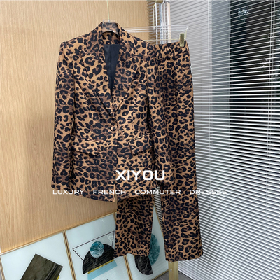 潮品炸街收腰显瘦豹纹西装套装女