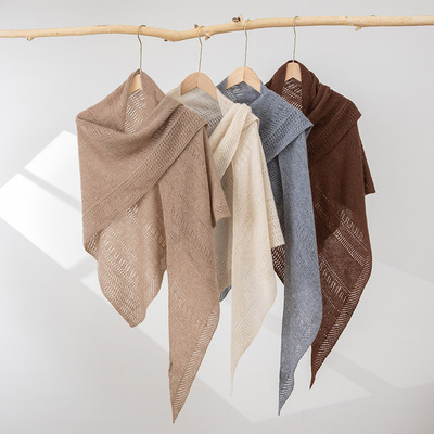 羊绒三角巾100%山羊绒针织围巾女镂空外搭护肩颈三角巾空调披肩