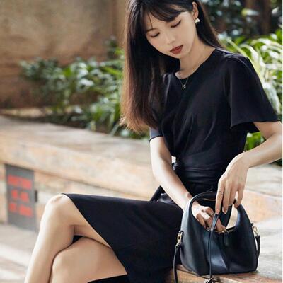 小个子黑色收腰系带连衣裙女夏