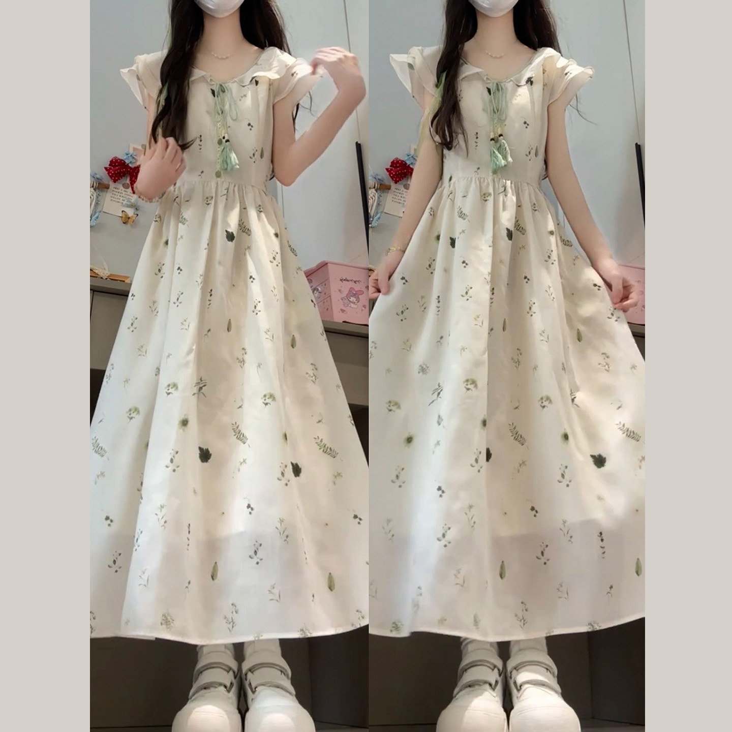夏天巨好看小众碎花连衣裙子女2026新款新中式荷叶边绝美掐腰长裙