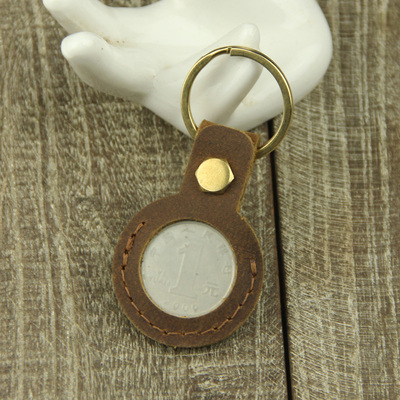 头层牛皮25mm纪念币卡套钥匙扣