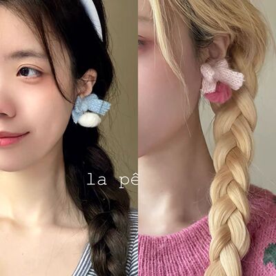 la peche「babeblue」小众可爱少女蓝蝴蝶结毛绒球秋冬耳钉耳夹