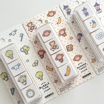 韩国正品OKIKI 青蛙猴子动物装饰图章印章手帐印戳套装4枚STAMP