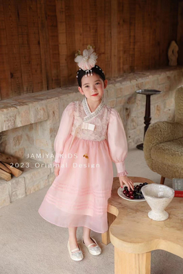 jamiya正版女童连衣群粉色国风公主裙春秋款纱裙延吉公主款礼服裙
