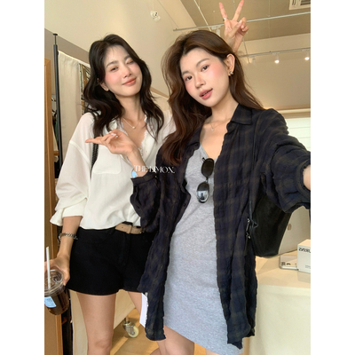 柠檬绿茶-十三行夏季宽松叠穿轻薄设计感褶皱格纹防晒衬衫女10521