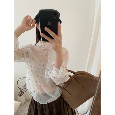 芭妮Bonnet-秋季韩系小众设计款飘带植绒波点打底衫女N132-m26002
