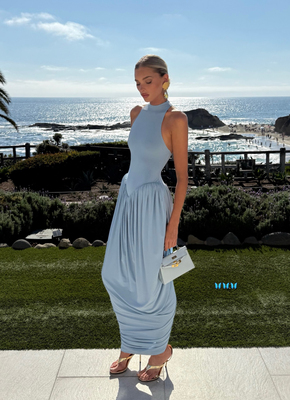 美国购elsahosk三色希腊无袖挖空高领褶皱垂坠感长裙