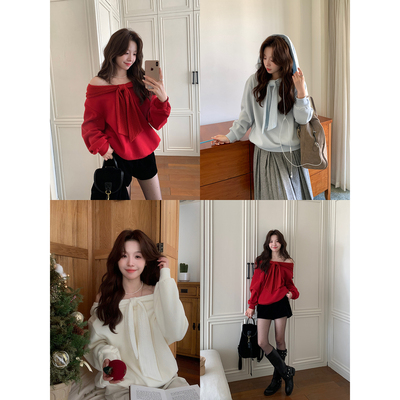 Even一雯【冬日协奏曲】韩系高智感秋冬温柔一字肩蝴蝶结加绒卫衣