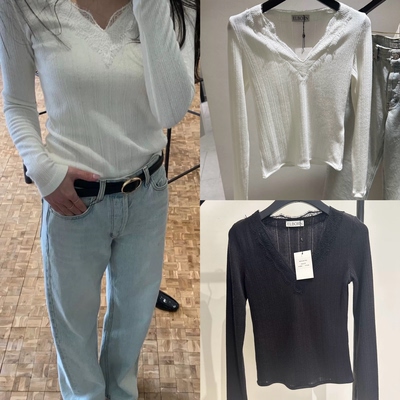 韩国直邮 elborn 2026春季新款 蕾丝拼接V领长袖T恤打底上衣女