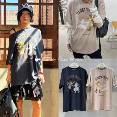 国内现货 OPEN YY 25新款 跳舞小猫卡通印花圆领字母宽松短袖T恤