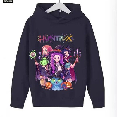 猎魔女团卡通图案连帽衫saja boys喜鹊老虎印花儿童休闲抓绒厚棉T