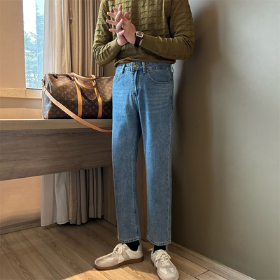 九分拉链四季直筒男牛仔裤