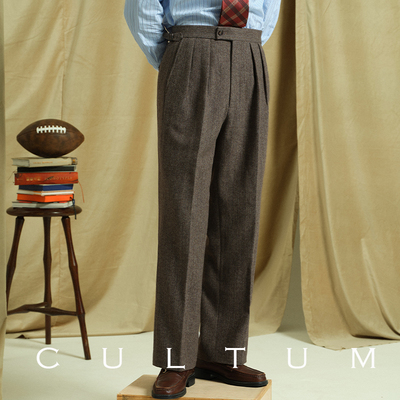 英式粗花呢人字纹西裤长裤