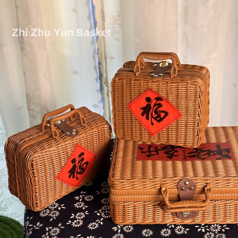 节日礼物盒包装盒高级伴娘结婚伴手礼仿藤编织中秋活动礼品手提篮