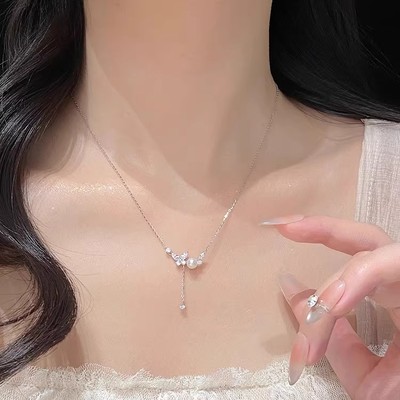 珍珠蝴蝶流苏项链女925纯银森系小清新毛衣链闪锆高级感项饰批发