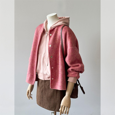 粉色短款毛呢大衣外套女秋冬