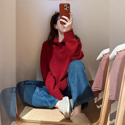 上衣新年红色连帽卷边套头毛衣女