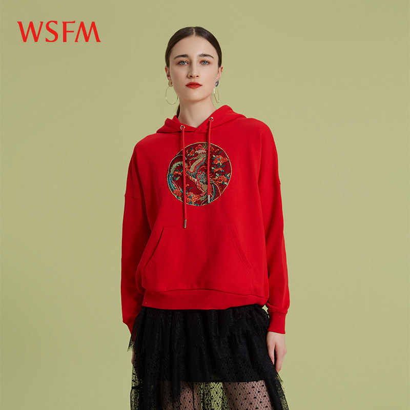 WSFM五色风马2021秋季新品减龄连帽抽绳绣花卫衣针织衫W21C3106_虎窝淘