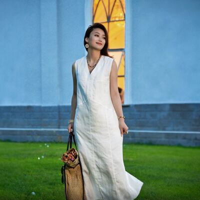 DNY26089夏季法式简约显瘦无袖V领气质宽松亚麻连衣裙
