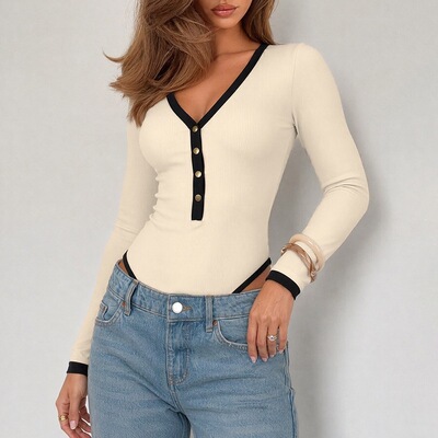 American style retro V-neck long sleeved jumpsuit slim fit女