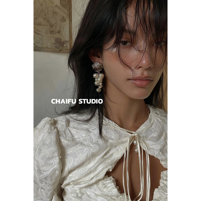 法式重工几何葡萄串珍珠耳钉