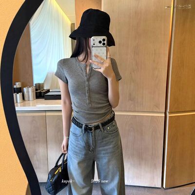 KAPOK春季休闲新款韩系正肩百搭修身半开扣短袖T恤