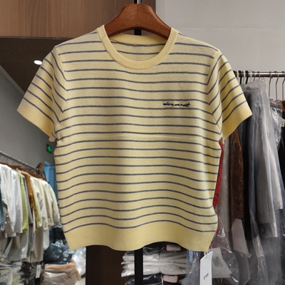 8323夏季新款女装圆领短袖针织衫女宽松显瘦百搭条纹上衣女天丝棉