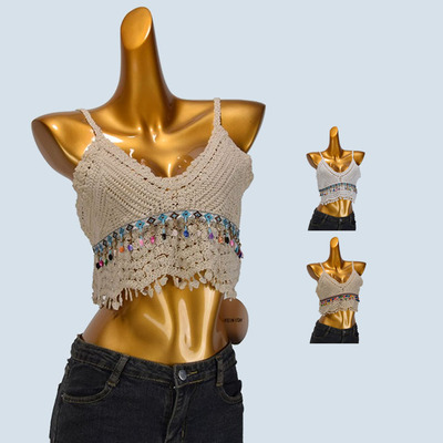 外贸单民族风钩花镂空吊带背心女