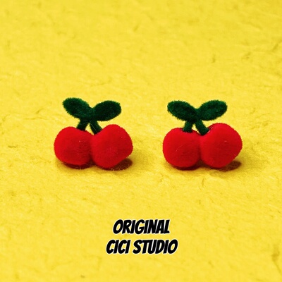 CICI STUDIO小众高级感植绒红色樱桃耳环女可爱耳钉精致耳饰礼物
