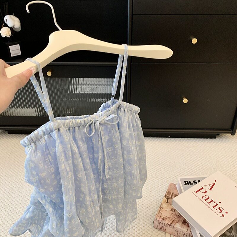 韩版度假风褶皱系带格纹吊带背心女26夏季温柔甜美百搭上衣56940
