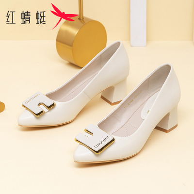 红蜻蜓单鞋女2026春季浅口真皮气质高跟女鞋舒适一脚蹬粗跟单鞋子