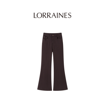 LORRAINES 都市咖序-复古高腰棉弹微喇阔腿牛仔裤