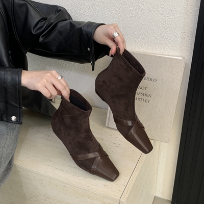 配裙子方头复古豹纹时装瘦瘦靴子