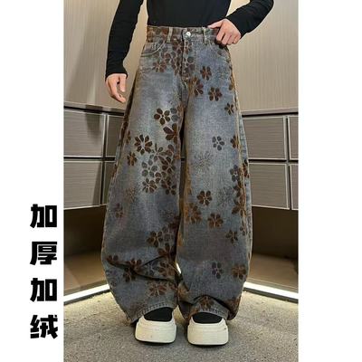 裤子K181男士冬季高品质加厚加绒直筒花朵立体弯刀牛仔裤