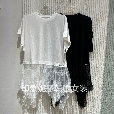 欧洲站夏季蕾丝拼接显瘦T恤