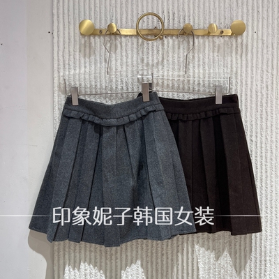 欧洲站秋冬木耳边显瘦百褶短裙