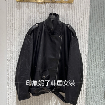 秋季长袖立领宽松黑色女皮衣