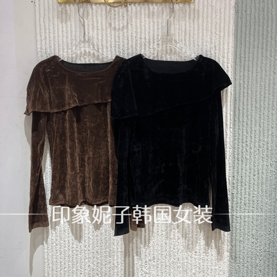 欧洲站2026秋季新款一字领荷叶边丝绒长袖T恤女百搭上衣16257