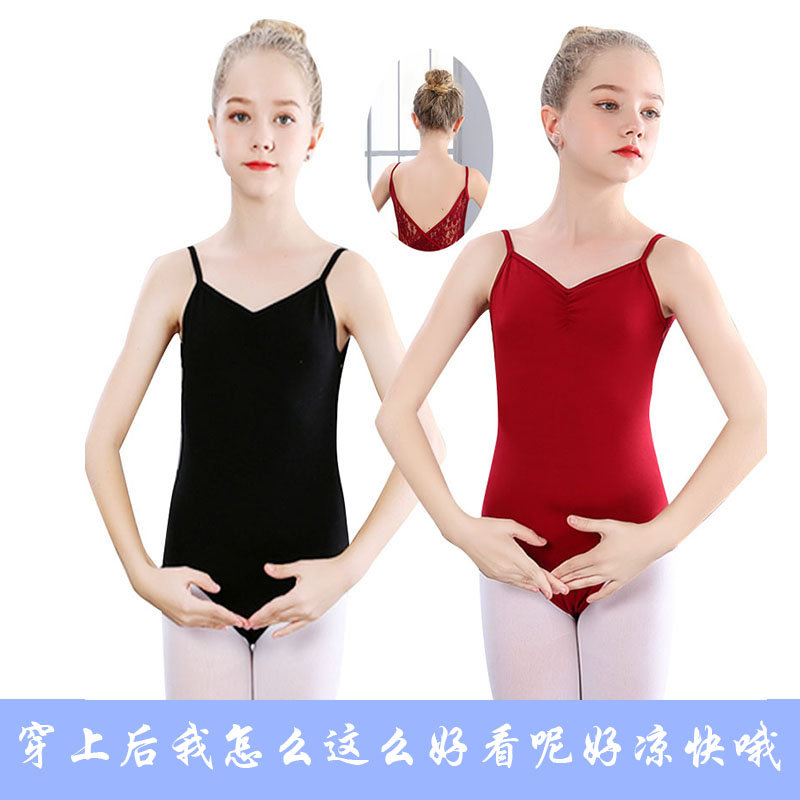夏儿童舞蹈服纯棉连体练功服芭蕾黑色吊带蕾丝跳舞衣演出服蓬蓬裙