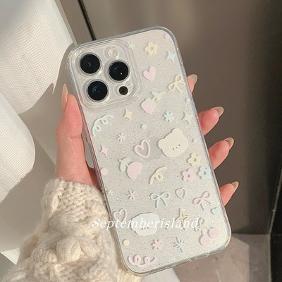 17promax九月岛屿原创透明闪粉软壳适用于iPhone16proma小清新花朵卡通熊15Pro手机壳13苹果14Pro全包可爱