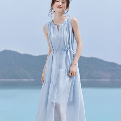 蓝色茶歇法式无袖挂脖连衣裙女2025夏季温柔风气质长裙子 KX8556