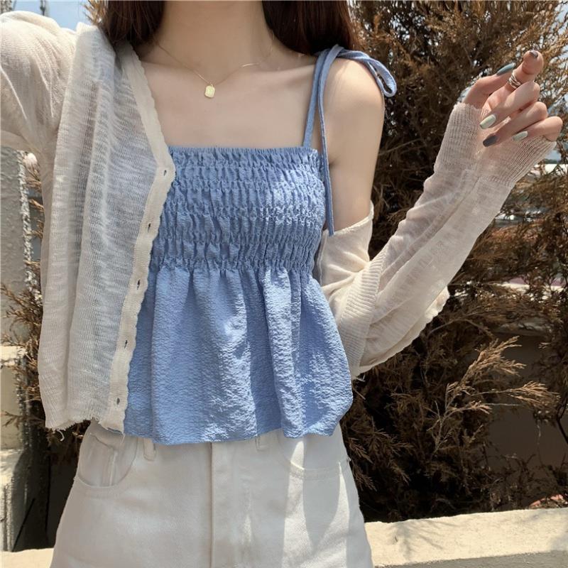 夏季女装韩版新款发甜美内搭荷叶边短款上衣褶皱吊带防走光背心
