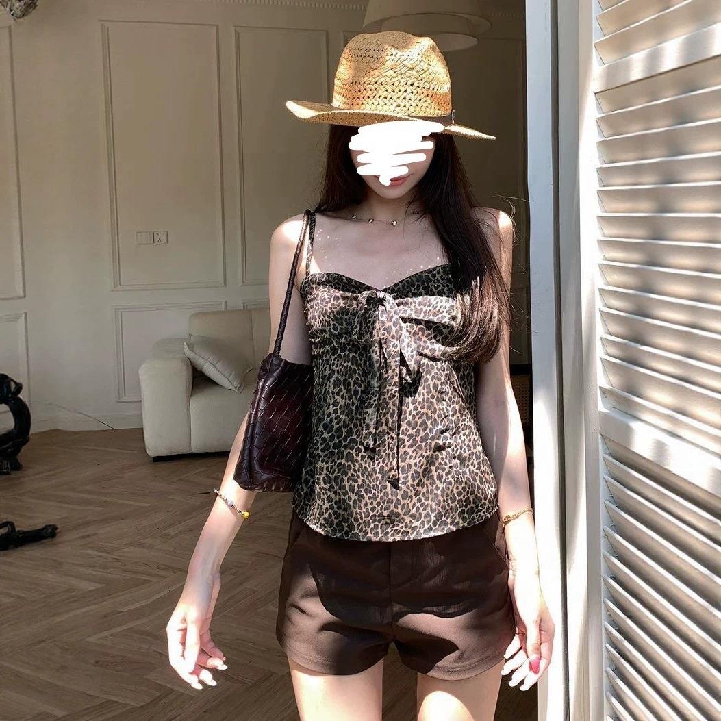 法式复古短款豹纹内搭吊带小背心女夏季性感修身显瘦洋气小众上衣
