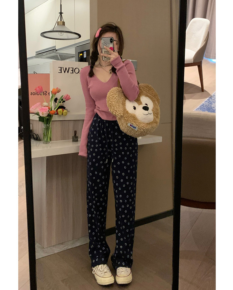Veee穿搭博主人手1条 显瘦高腰显腿长深蓝笑脸印花直筒慵懒休闲裤