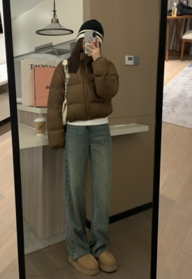 显瘦立领保暖棕色美式短款羽绒服